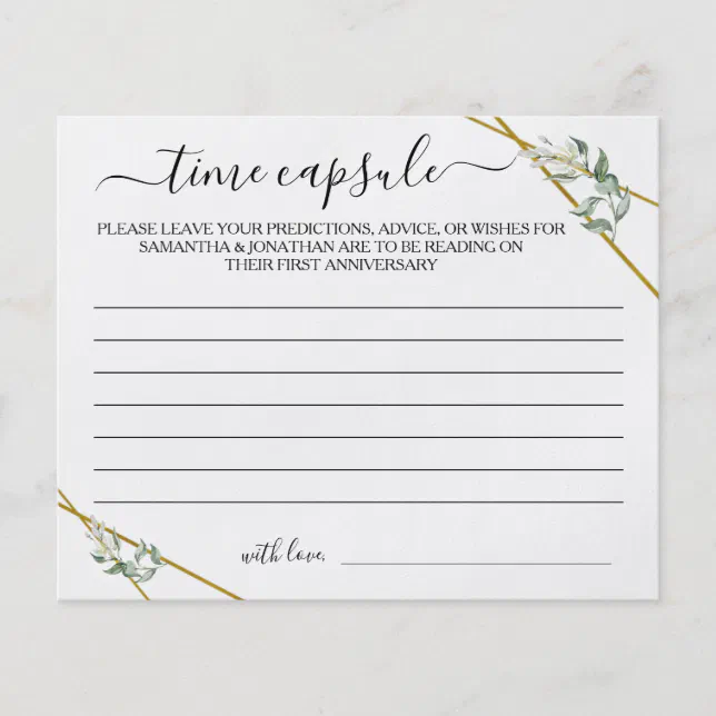 Greenery Gold Time Capsule Advice Shower Game Card Flyer | Zazzle