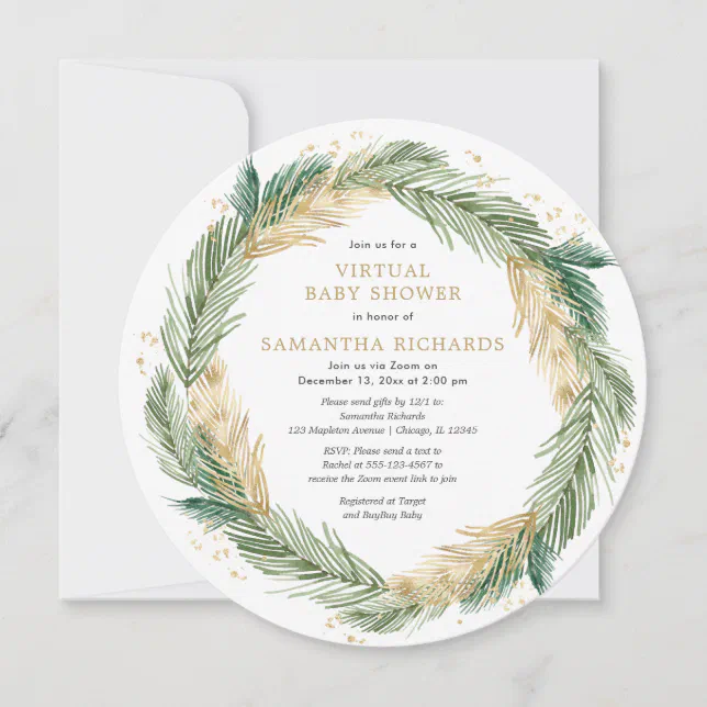 Greenery gold Virtual Baby Shower Winter Invitation | Zazzle