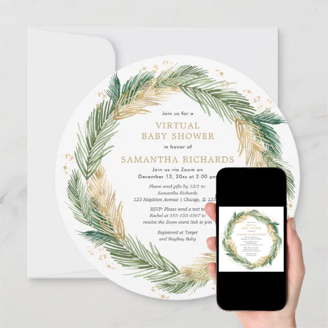 Greenery gold Virtual Baby Shower Winter Invitation | Zazzle
