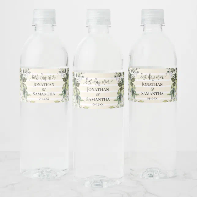 Greenery Gold Wedding Water Bottle Label | Zazzle