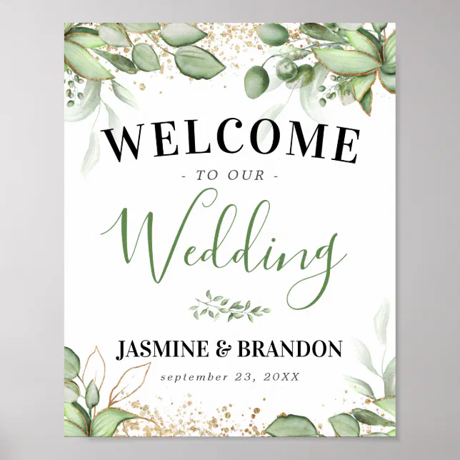 Greenery Gold Welcome Wedding Template Poster | Zazzle