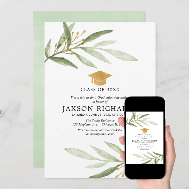 Greenery graduation, simple modern green gold grad invitation | Zazzle