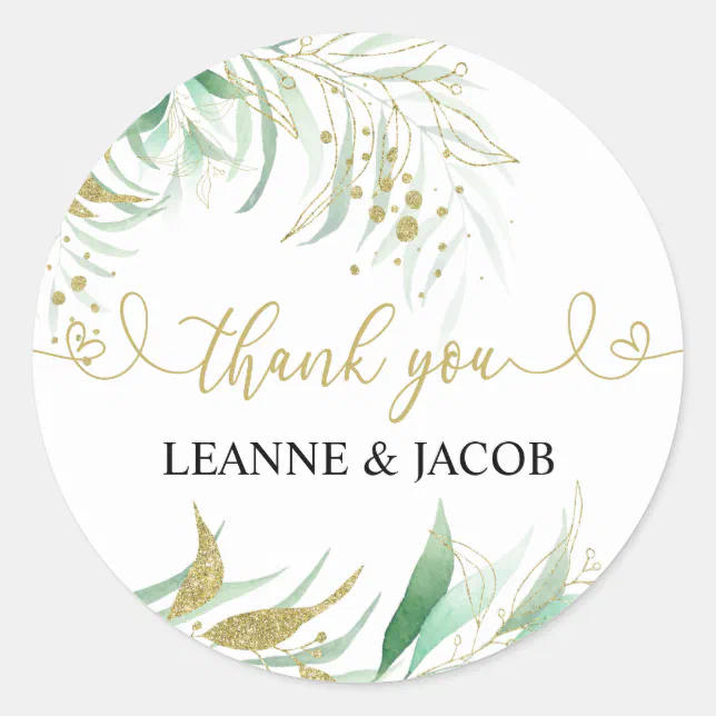 Greenery Green and Gold Elegant Personalized Classic Round Sticker | Zazzle