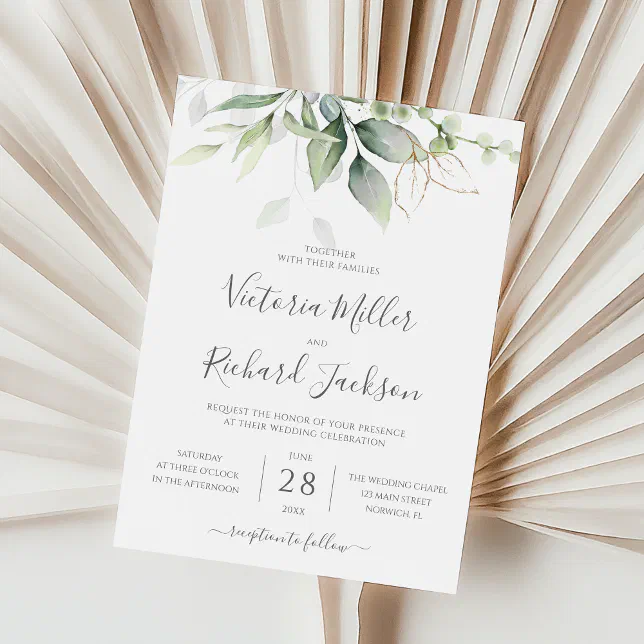 Greenery Green Gold Geometric Rustic Wedding Invitation | Zazzle