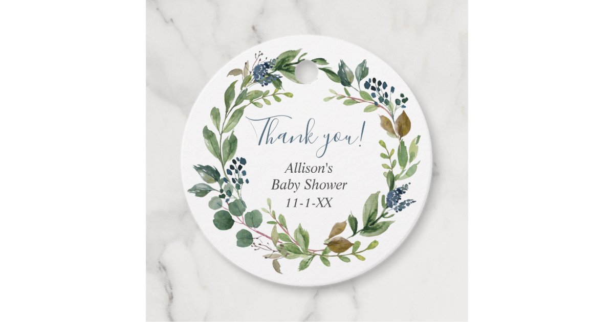 Greenery green leaves dusty blue floral botanical favor tags | Zazzle