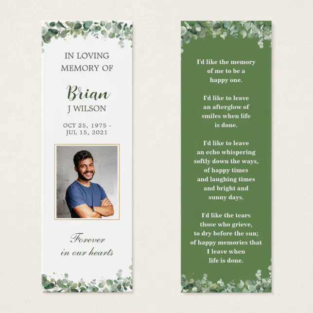 Greenery Green Photo Funeral Memorial Bookmark | Zazzle
