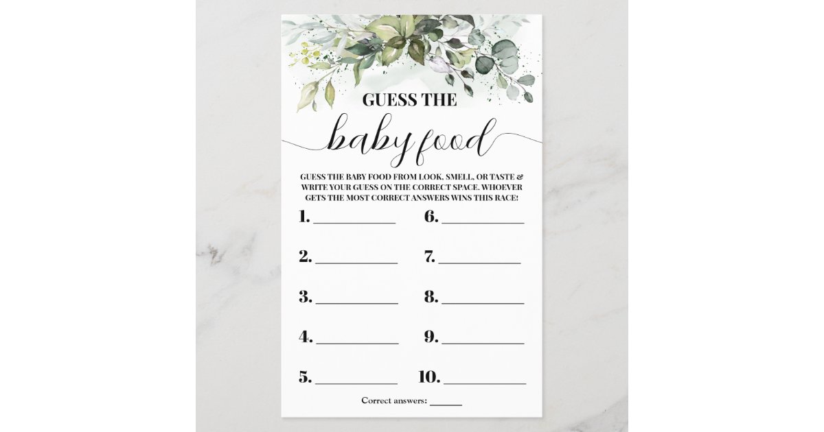 Greenery Guess the Baby Food Shower Game Card Flyer | Zazzle