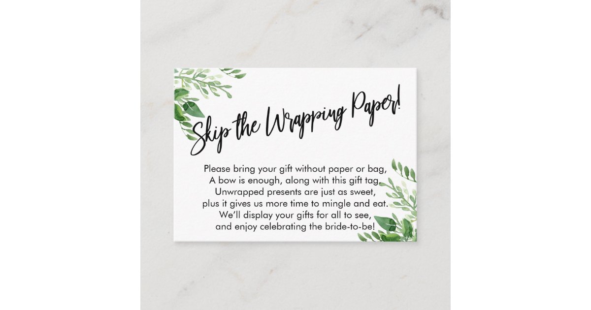 Greenery Handwriting Skip the Wrapping Paper! Enclosure Card | Zazzle