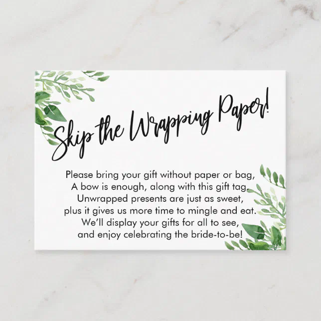Greenery Handwriting Skip the Wrapping Paper! Enclosure Card | Zazzle