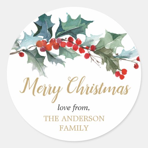 Greenery holly red gold watercolor Christmas Classic Round Sticker | Zazzle