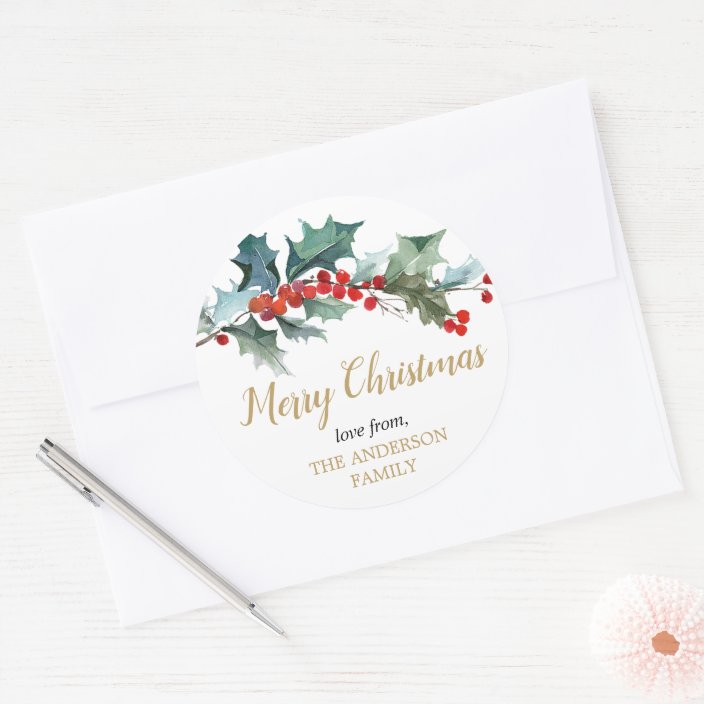 Greenery holly red gold watercolor Christmas Classic Round Sticker ...