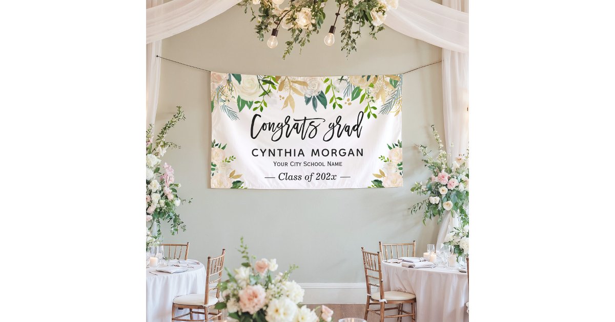 Greenery Ivory Gold Floral Graduate Graduation Banner | Zazzle