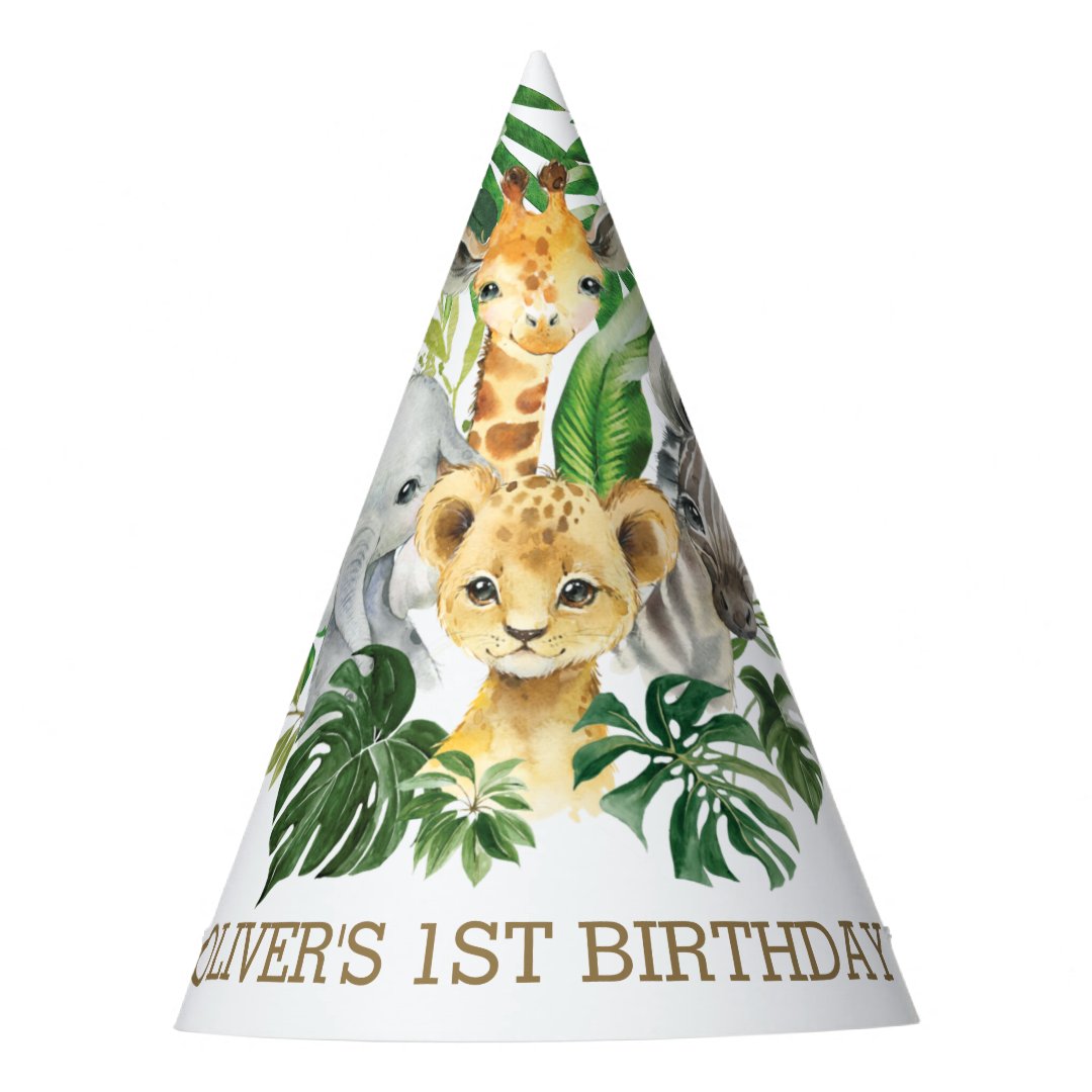 Greenery Jungle Animals Safari 1st Birthday Cone Party Hat | Zazzle