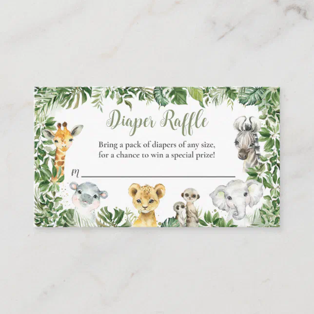 Greenery Jungle Safari Animals Diaper Raffle Enclosure Card | Zazzle