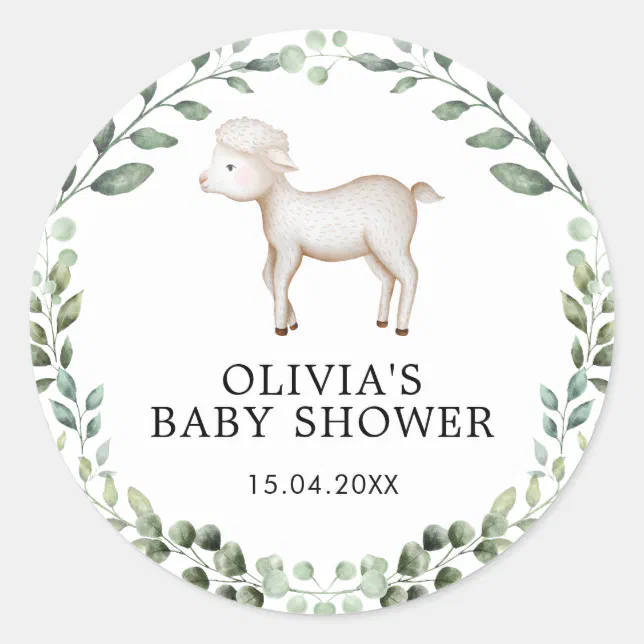 Greenery Lamb Baby Shower Spring Sheep Favours Classic Round Sticker ...