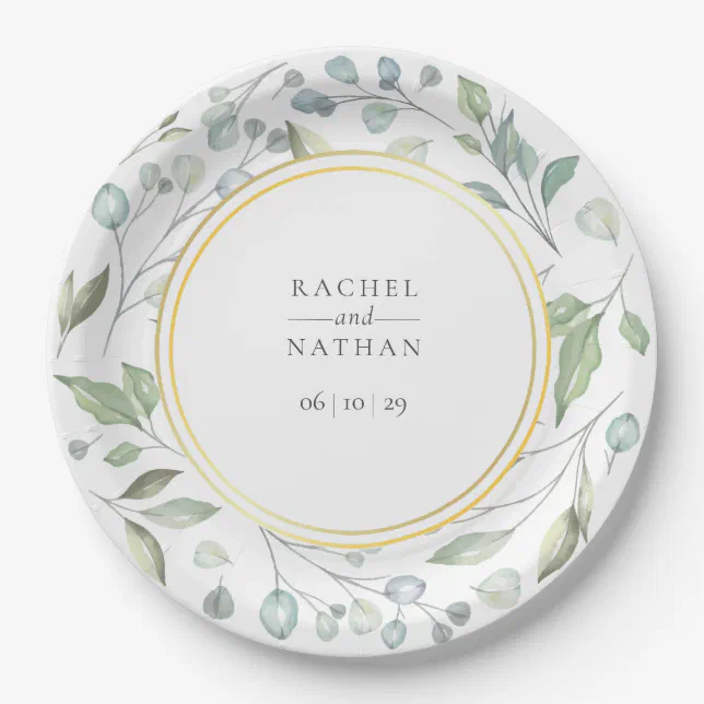 Greenery Laurel Garland Faux Gold Foil Wedding Paper Plates | Zazzle