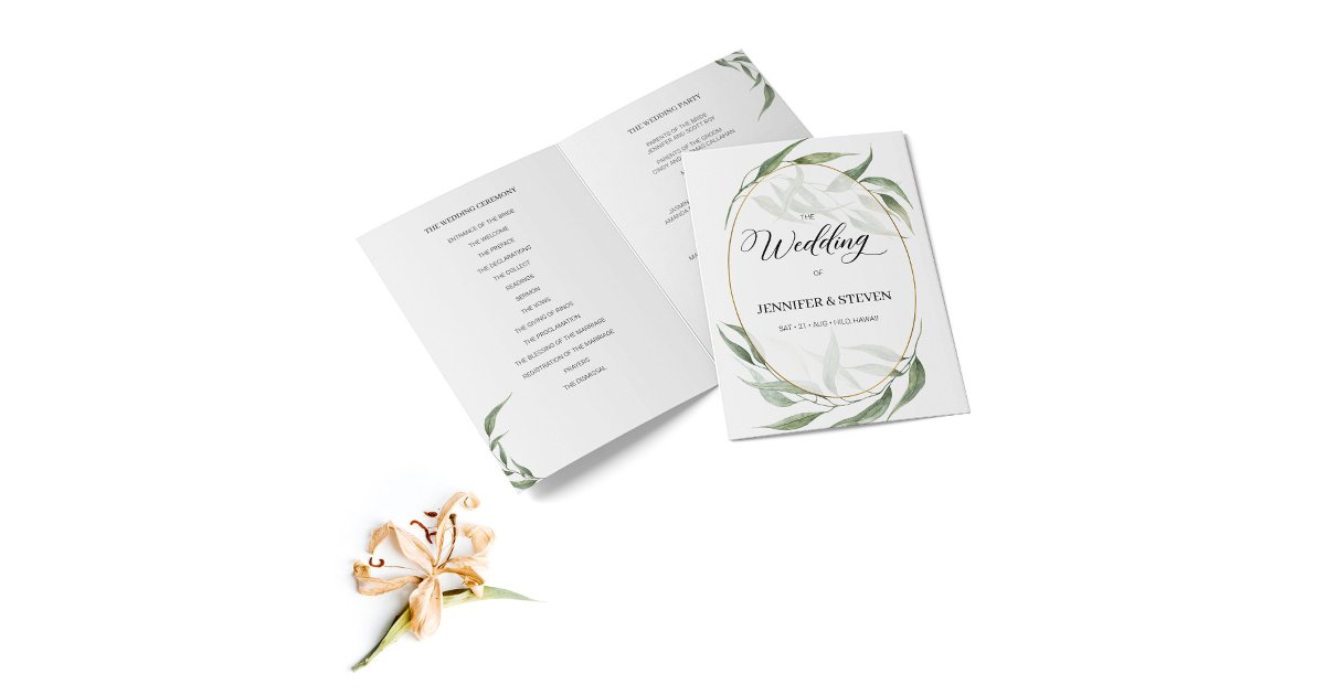 Greenery Leaves Calligraphy Wedding Folded Program | Zazzle