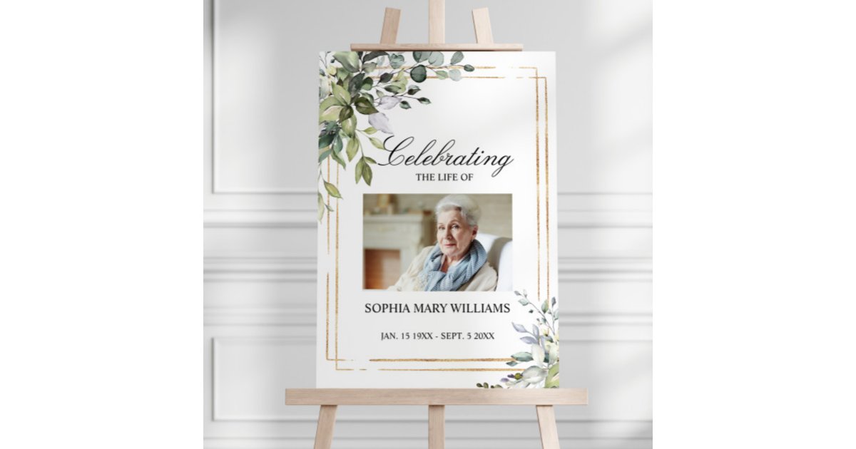 Greenery Leaves & Photo Memorial Funeral Poster | Zazzle