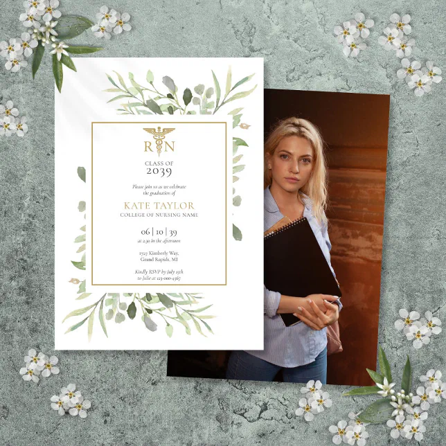 Greenery Leaves RN Nursing Graduation Photo Invitation | Zazzle
