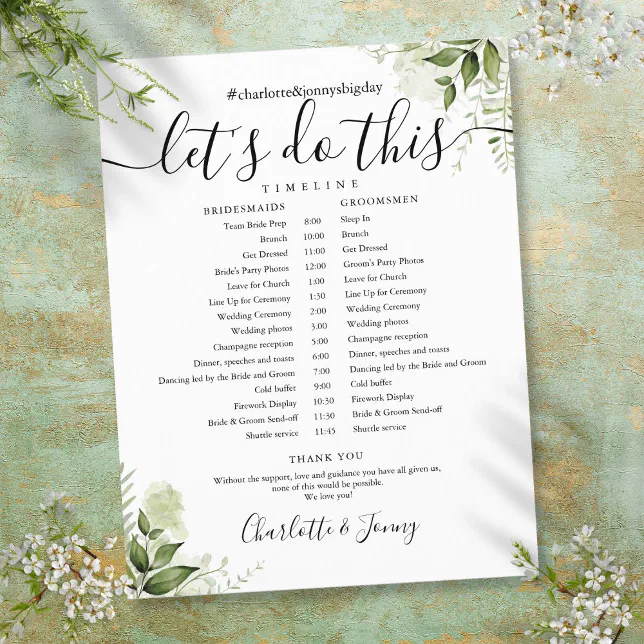 Greenery Leaves Script Wedding Schedule Timeline | Zazzle