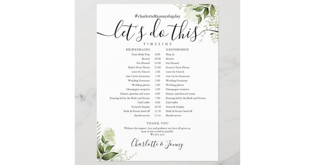 Greenery Leaves Script Wedding Schedule Timeline | Zazzle