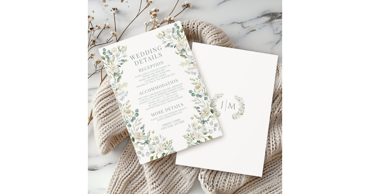 Greenery Leaves White Roses Wedding Details Cards | Zazzle