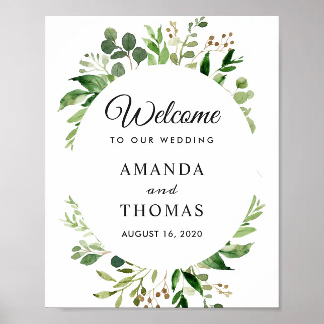 Greenery Leaves Wreath Wedding Welcome Sign | Zazzle