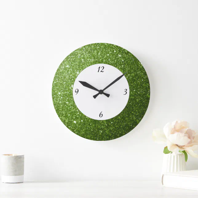 Greenery Light Green glitter sparkles with numbers Large Clock | Zazzle