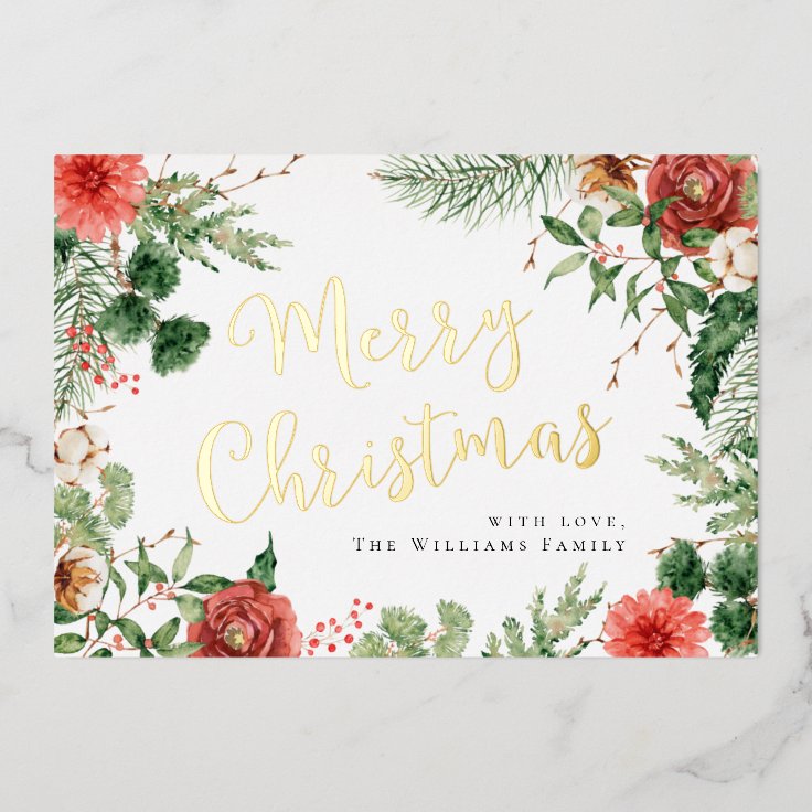 Greenery Merry Christmas Gold Foil Holiday Card | Zazzle