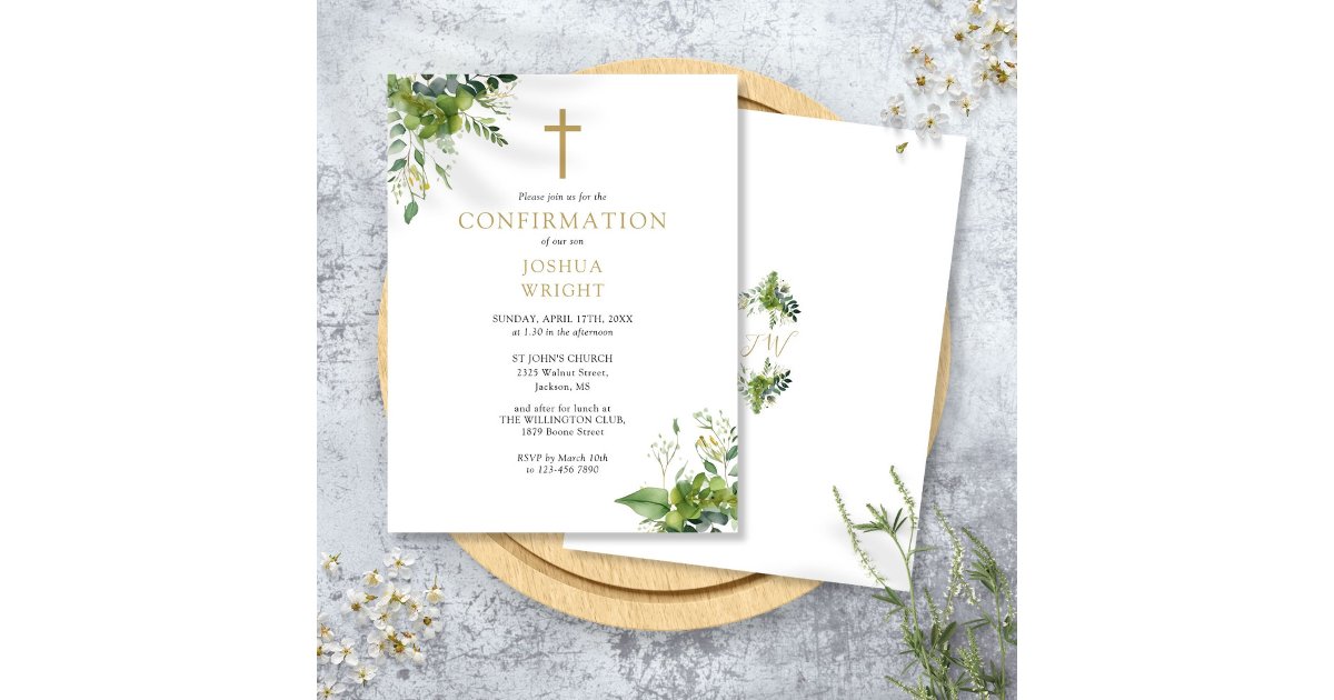 Greenery Monogram Confirmation Invitation Postcard | Zazzle