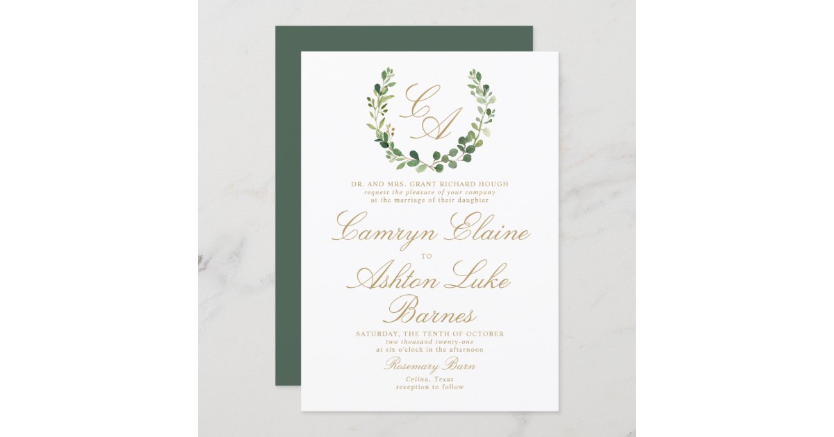 Greenery Monogram Wedding Invitation | Zazzle