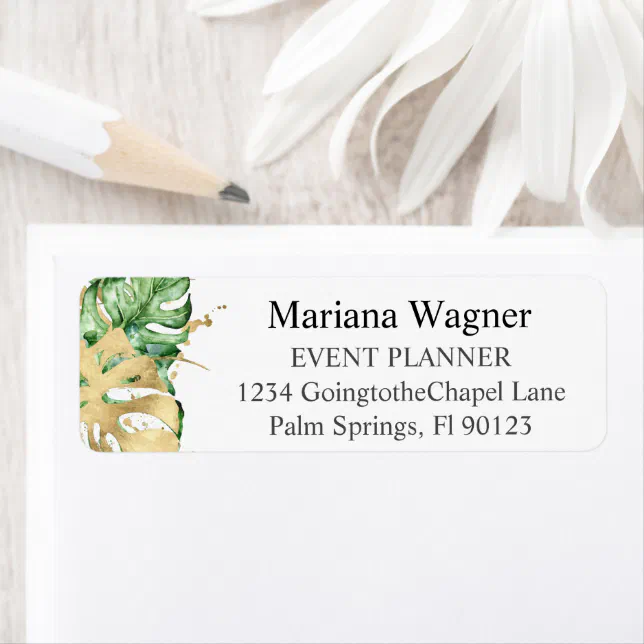 Greenery Palm Leaves Gold on White Business Label | Zazzle
