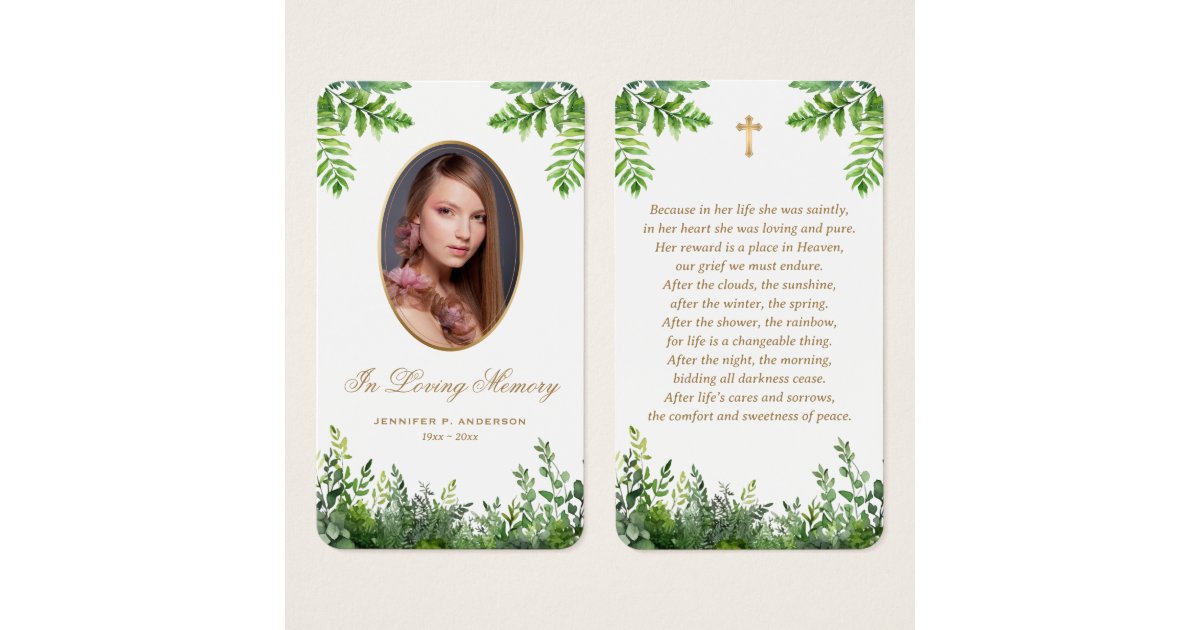 Greenery Photo Funeral Memorial Prayer Cards | Zazzle