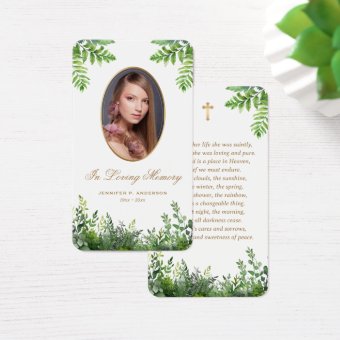 Greenery Photo Funeral Memorial Prayer Cards | Zazzle