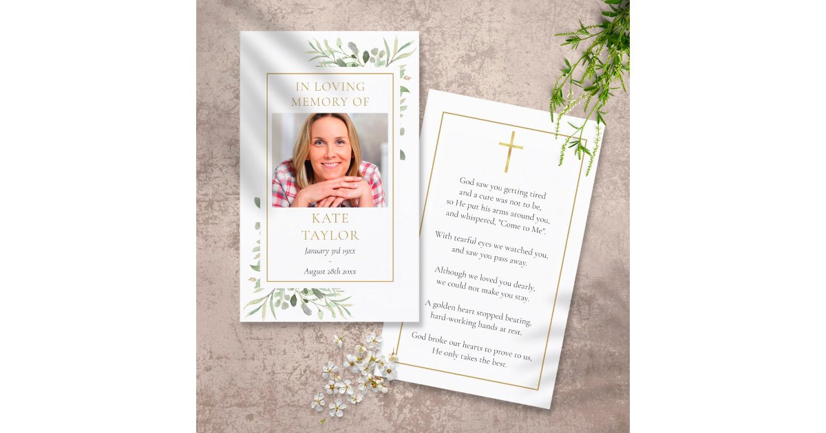 Greenery Photo Funeral Memorial Prayer Cards | Zazzle