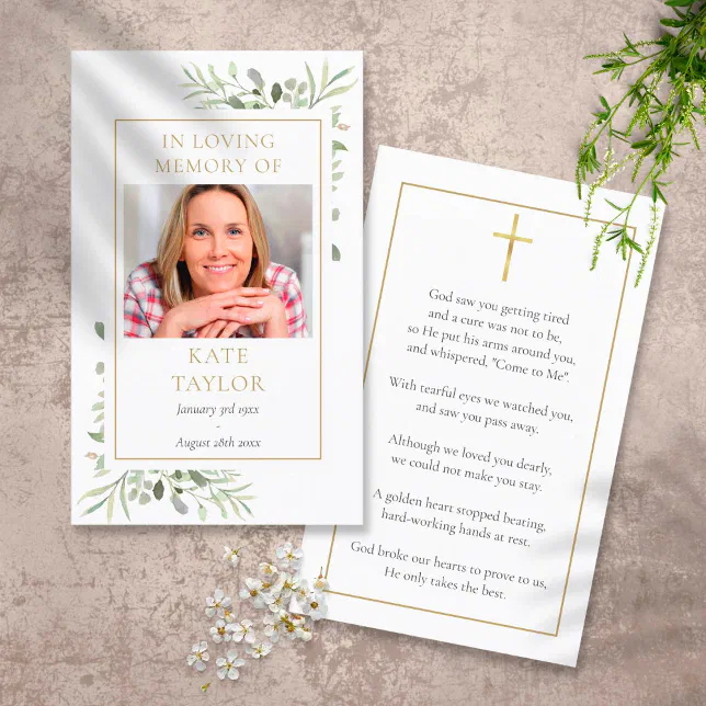 Greenery Photo Funeral Memorial Prayer Cards | Zazzle