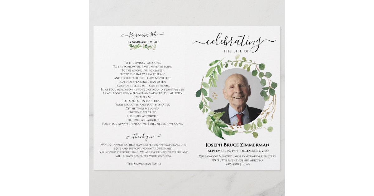 Greenery Photo Memorial Service Funeral Program | Zazzle