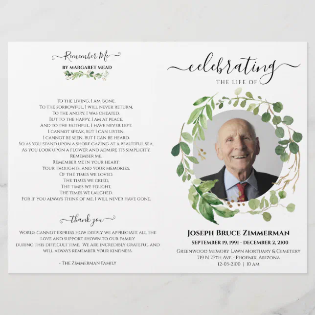 Greenery Photo Memorial Service Funeral Program | Zazzle