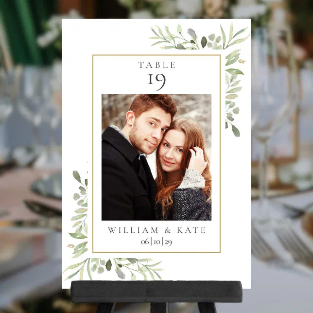 Greenery Photo Name Date Wedding Table Number | Zazzle