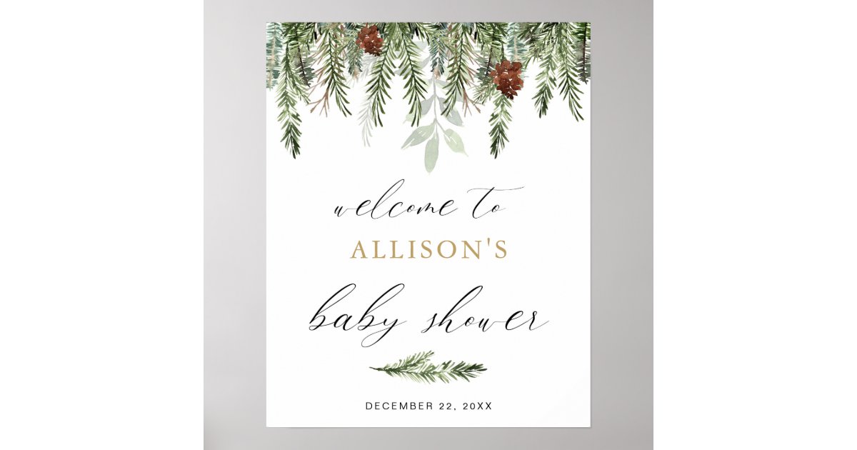 Greenery pine tree winter baby shower welcome sign | Zazzle