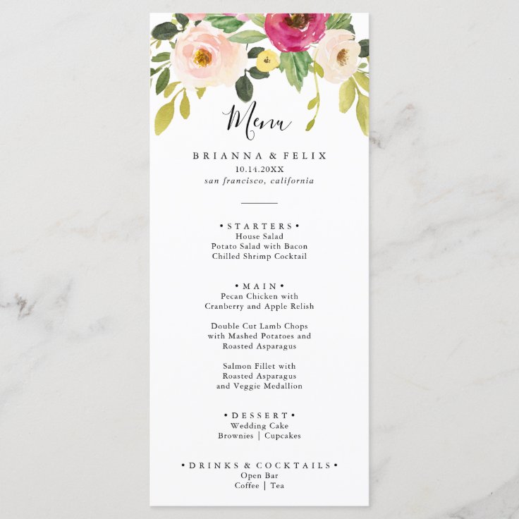 Greenery Pink Blush Floral Dinner Menu | Zazzle