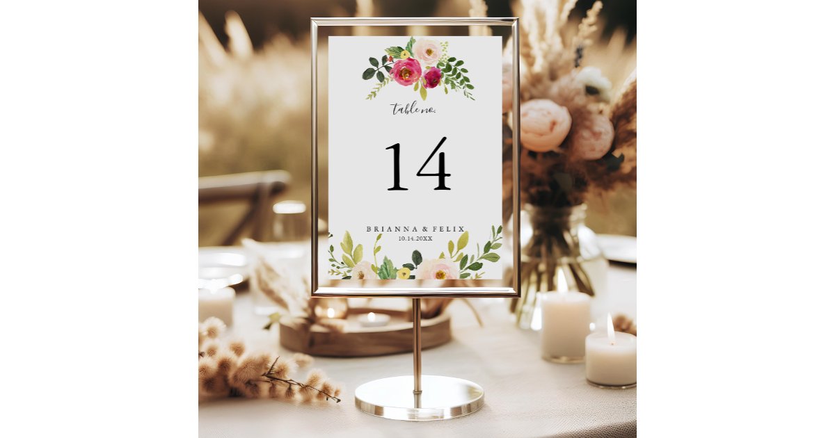 Greenery Pink Blush Floral Wedding Table Number | Zazzle