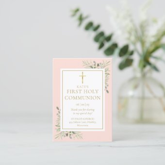 Greenery Pink First Holy Communion Prayer Card | Zazzle