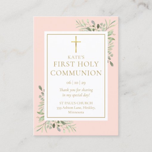 Greenery Pink First Holy Communion Prayer Card | Zazzle