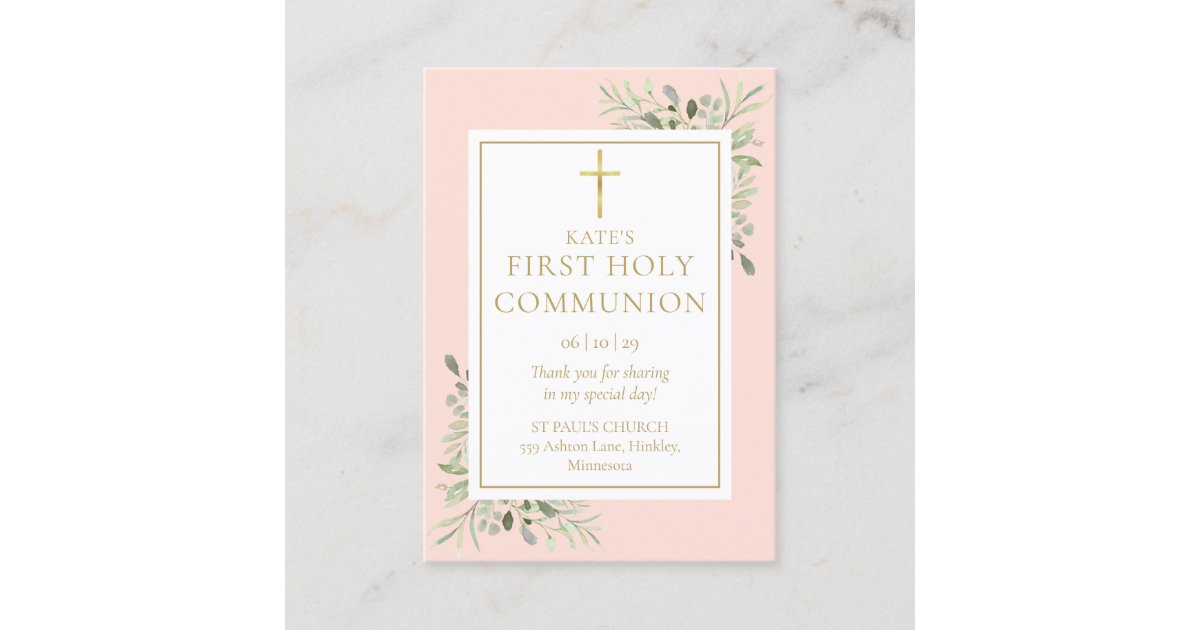 Greenery Pink First Holy Communion Prayer Card | Zazzle