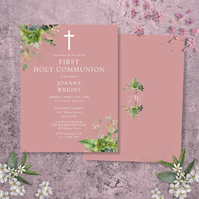 Greenery Pink First Holy Communion Save The Date Postcard | Zazzle