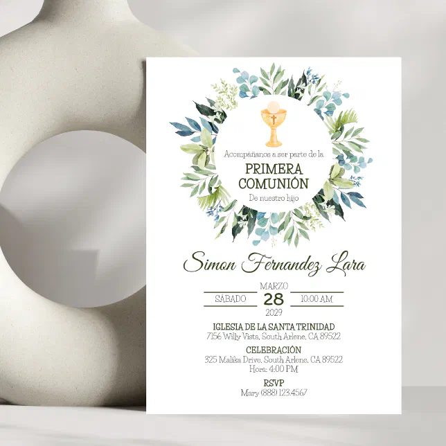 Greenery Primera Comunion Spanish First Communion Invitation | Zazzle