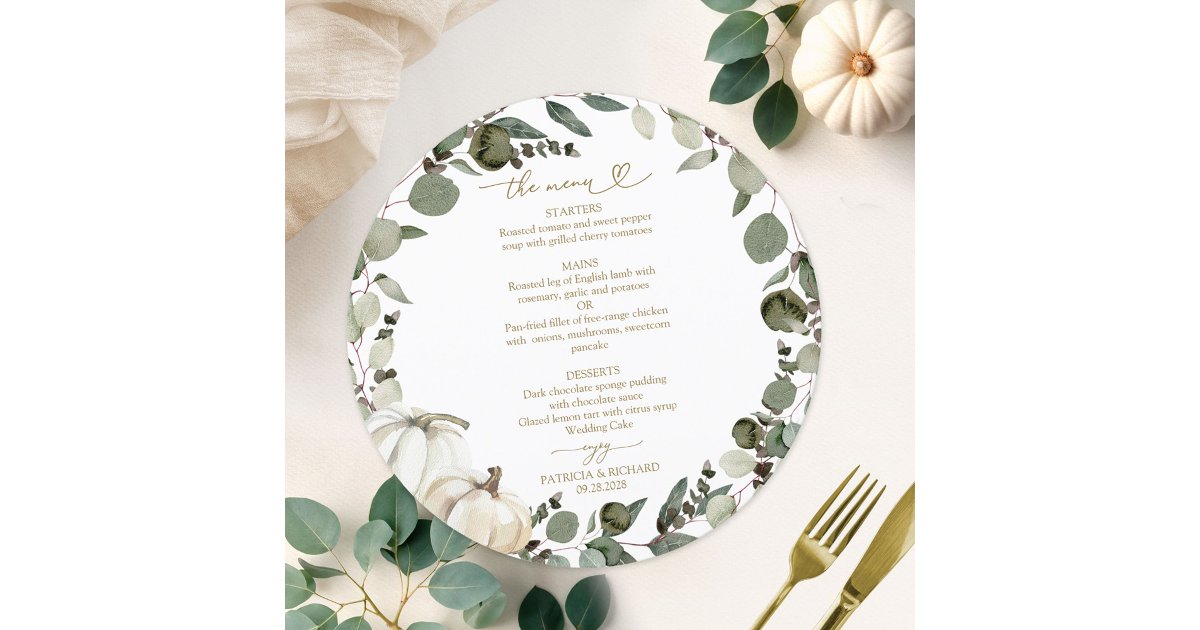Greenery Pumpkin Circle Wedding Menu Card | Zazzle