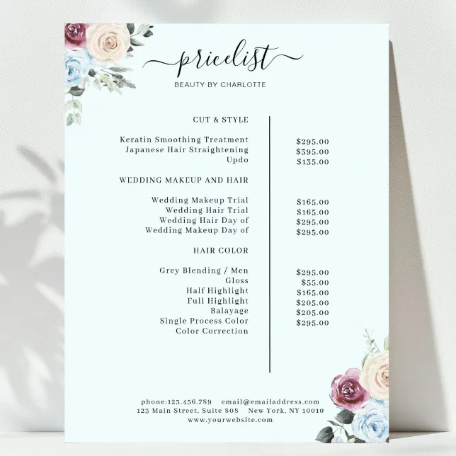 Greenery Roses Salon Price List Poster | Zazzle