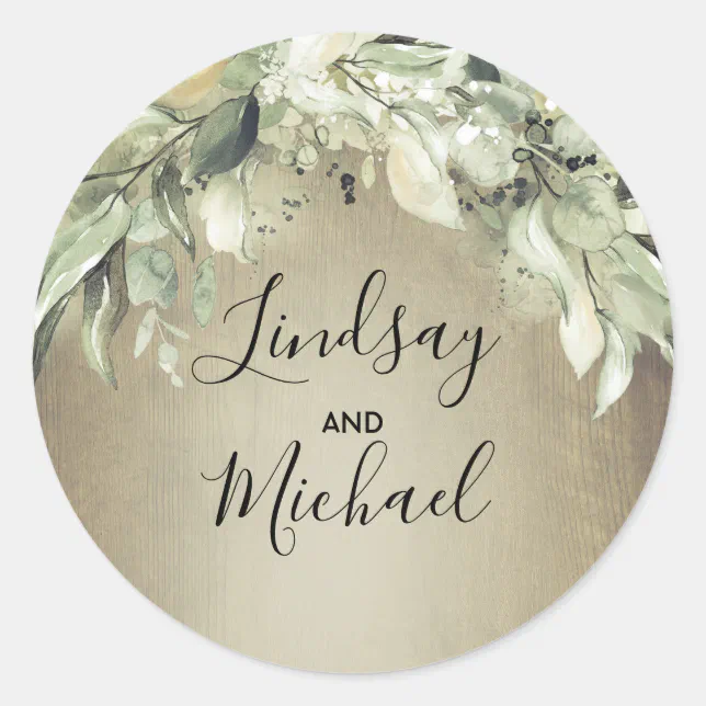 Greenery Rustic Country Wood Wedding Classic Round Sticker | Zazzle